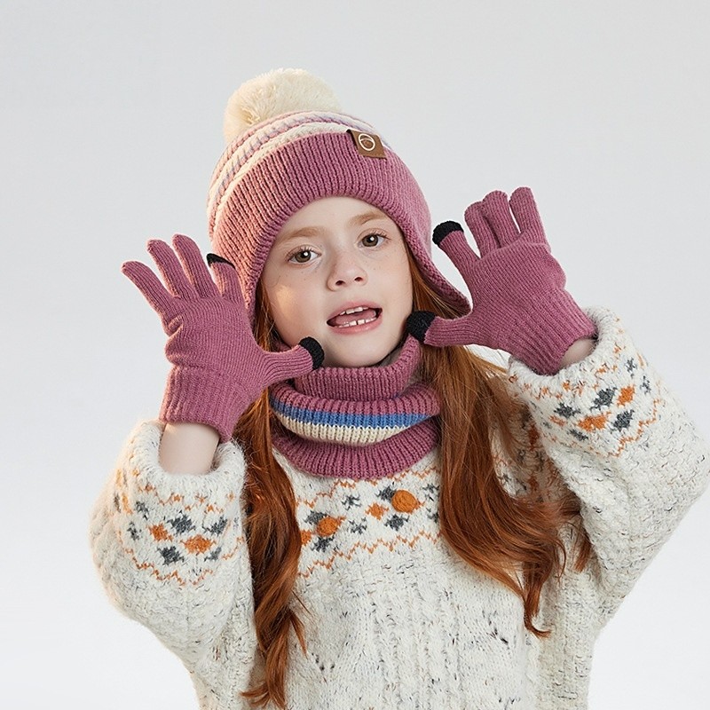 Kids' Knitted Three-Piece Set with Pom-Pom