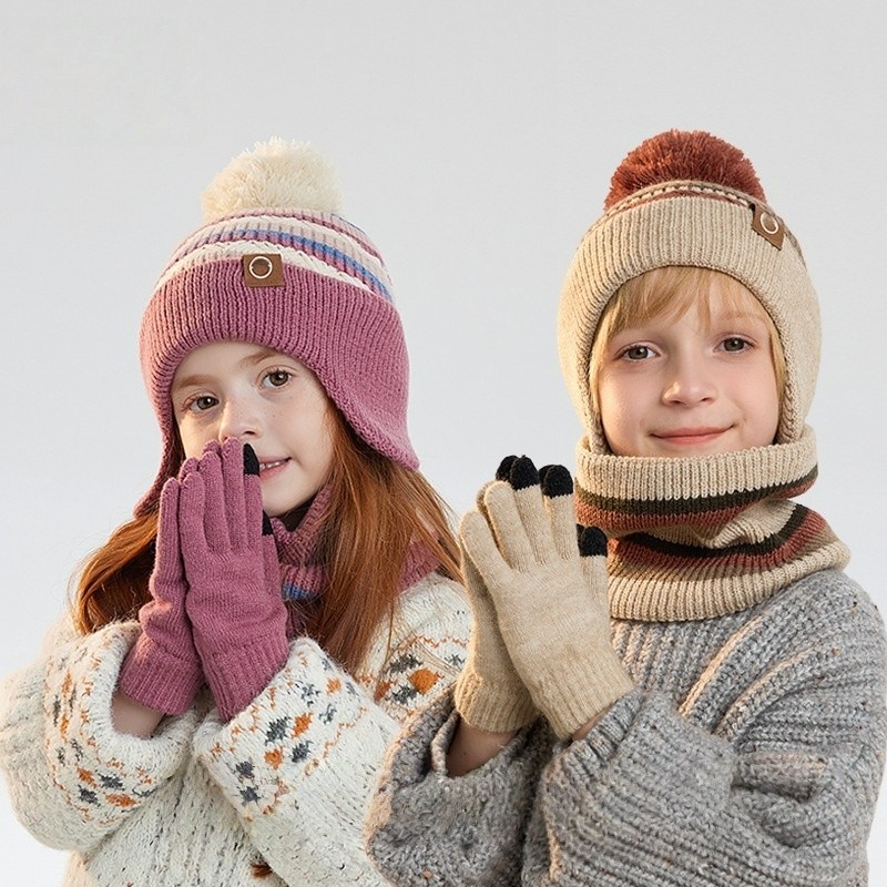 Kids' Knitted Three-Piece Set with Pom-Pom
