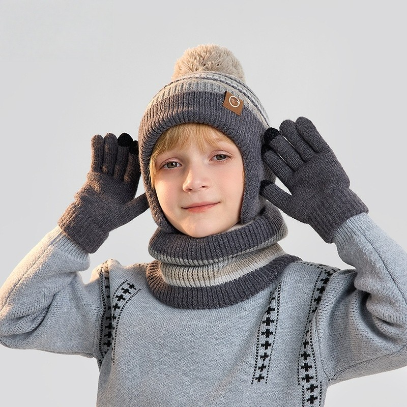 Kids' Knitted Three-Piece Set with Pom-Pom